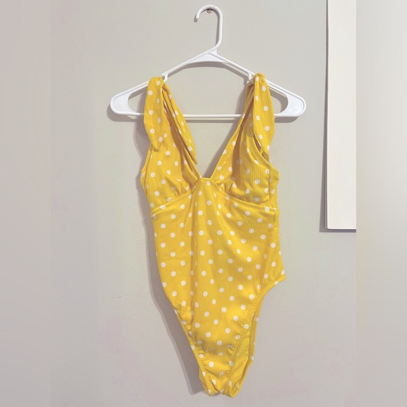 Swim | Yellow Swimsuit With White Polka Dots And Tie Sleeves | Poshmark
